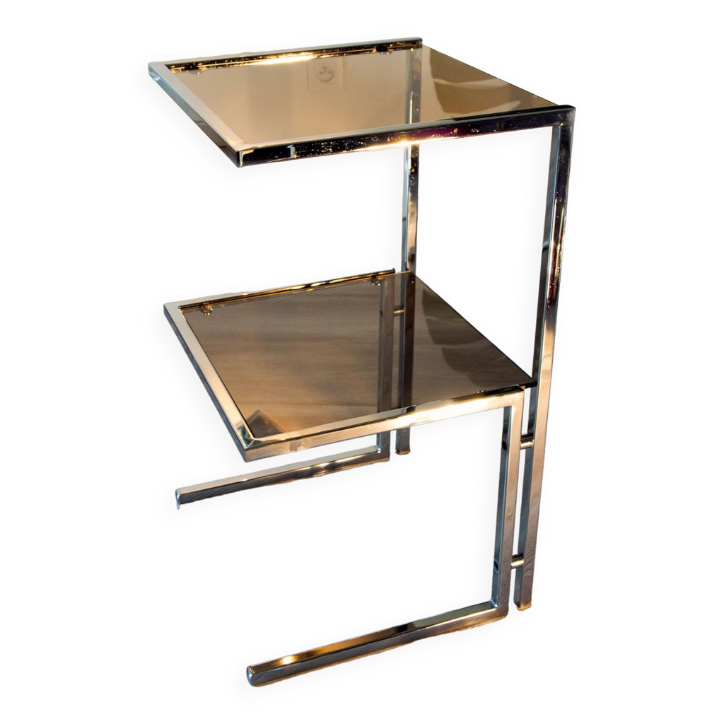 Table d'appoint 1970 verre fumé et acier chromé | Selency