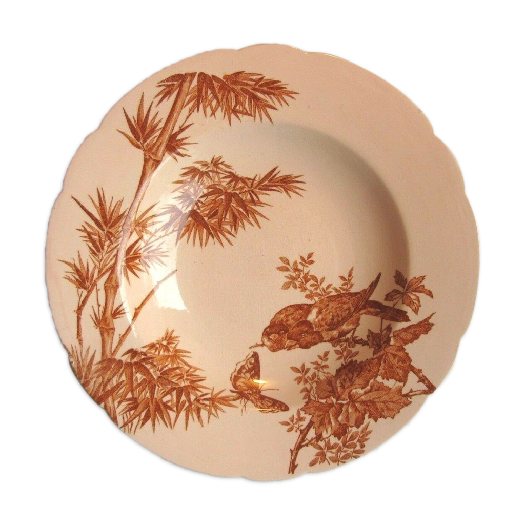 Assiette creuse art nouveau signée longwy,: palmier et oiseaux, fond ...