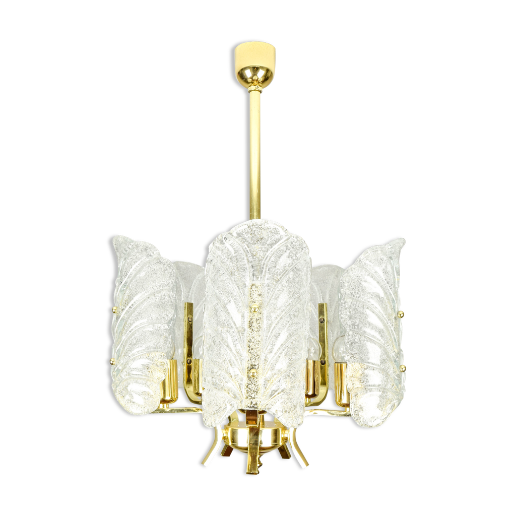 Lustre feuilles de verre et acier doré par Carl Fagerlund pour Orrefors ...