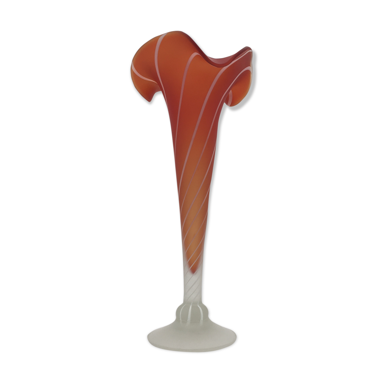 Vase cornet rouge orangé en verre dépoli, XXème siècle | Selency