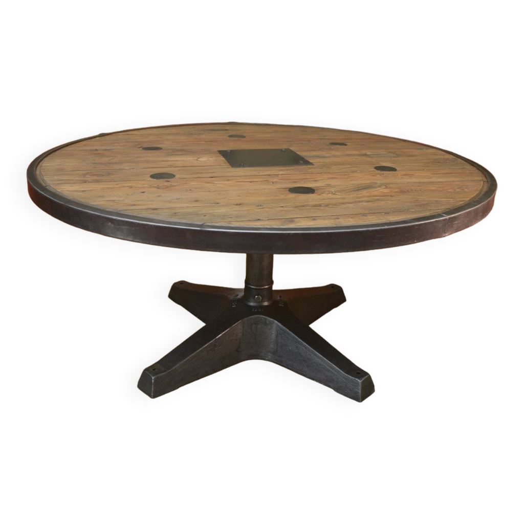 Grande table ronde industrielle diamètre 165 cm en fonte et sapin | Selency