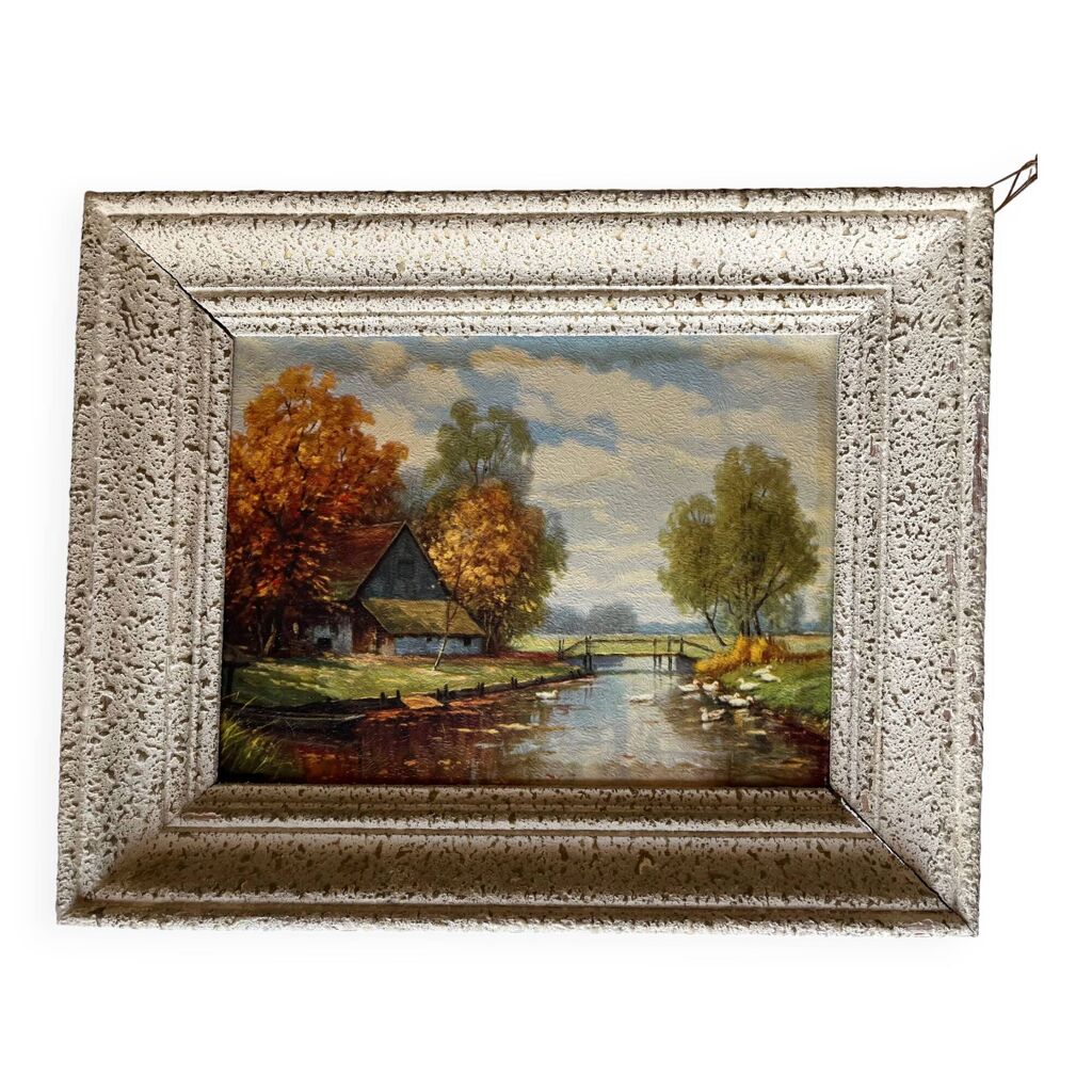 Tableau : huile sur toile - Paysage lacustre | Selency