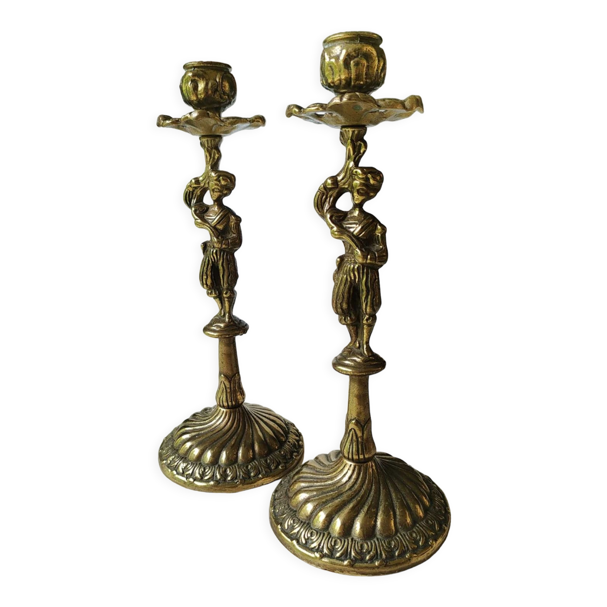 Paire de bougeoirs antiques/anthropomorphes, serviteurs du roi tenant ...