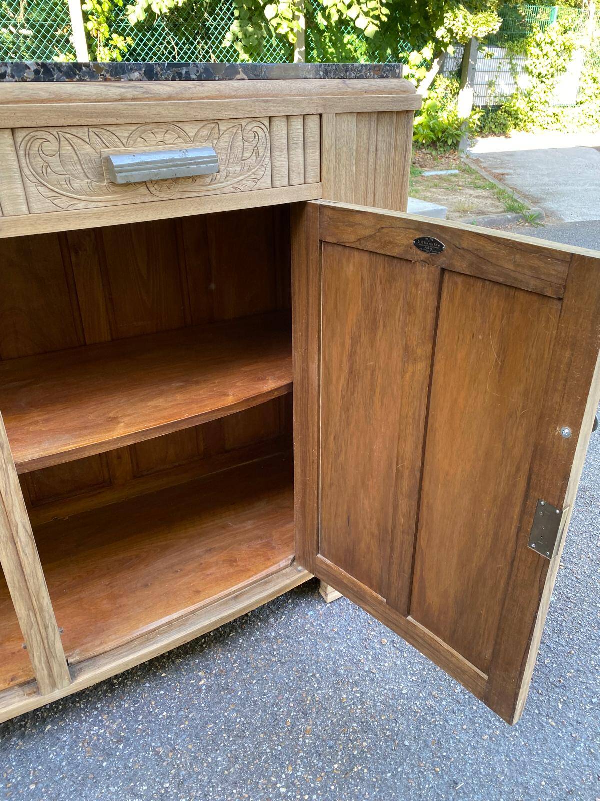 Buffet parisien art déco vintage rénové en bois massif et marbre 152cm | Selency