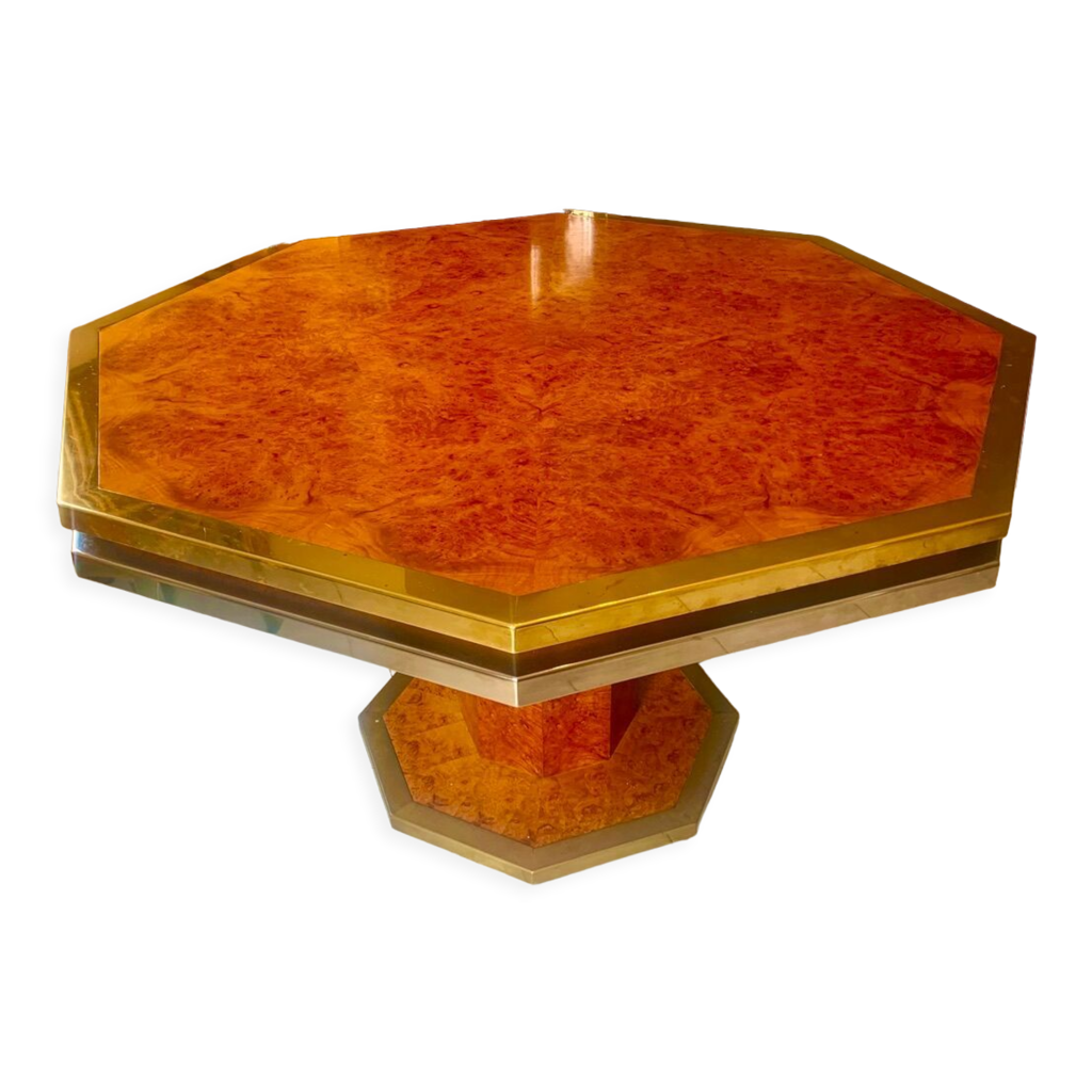 Table octogonale 1960 en loupe de noyer et laiton | Selency