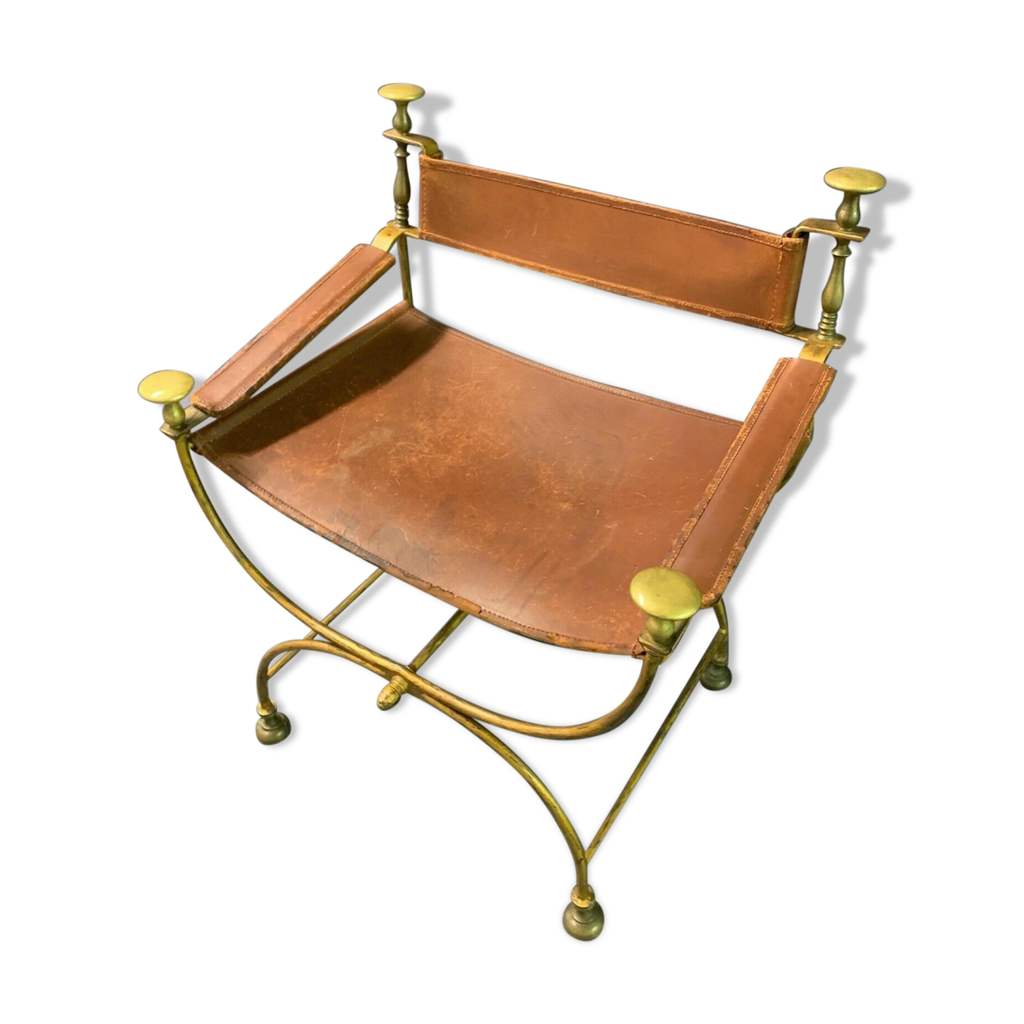 Fauteuil curule romain années 40, art deco cuir et laiton | Selency