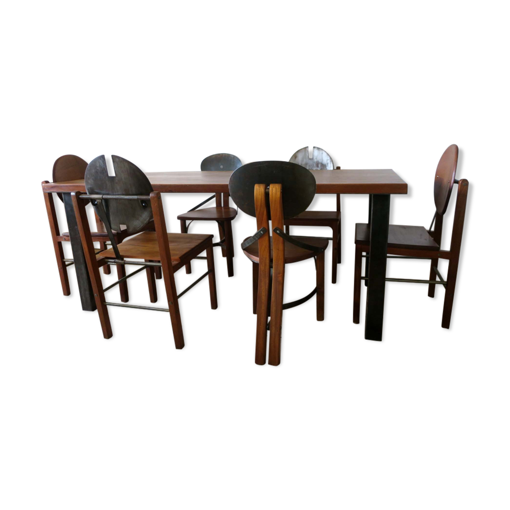 Brutalist solid oak and tarnished steel dining table and six chairs ...