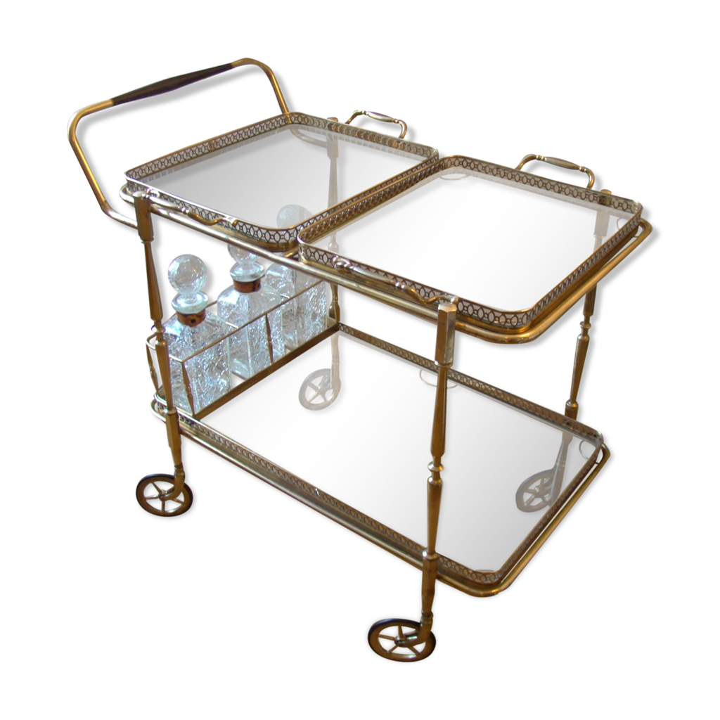 Chariot bar roulant vintage en métal doré et ses 3 bouteilles d'origine ...