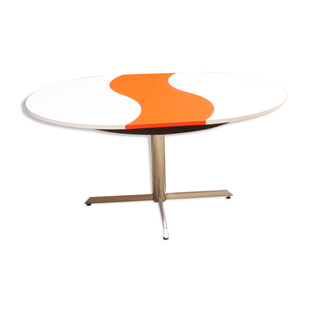 Table à manger extensible ronde orange Ying-Yang, années 1970. | Selency