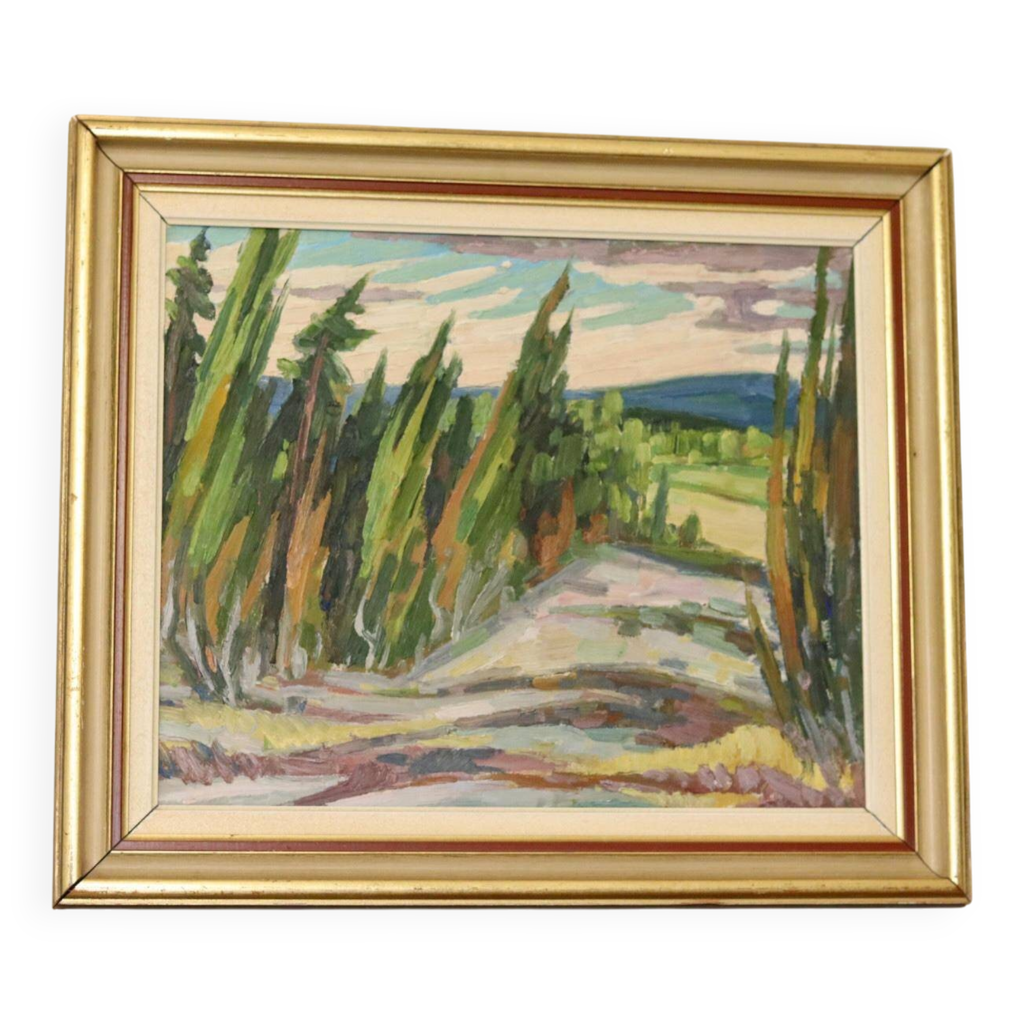 Peinture à l'huile sur panneau suédoise du milieu du siècle « Paysage ...