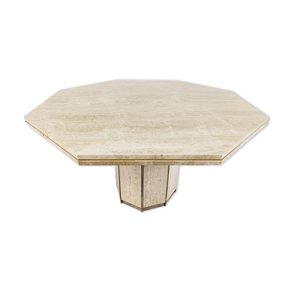 Table à manger octogonale italienne en travertin et laiton des années 1970 | Selency