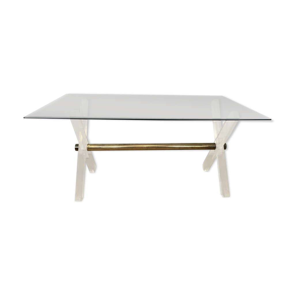 Table en plexi métal doré et verre biseauté 1970s | Selency