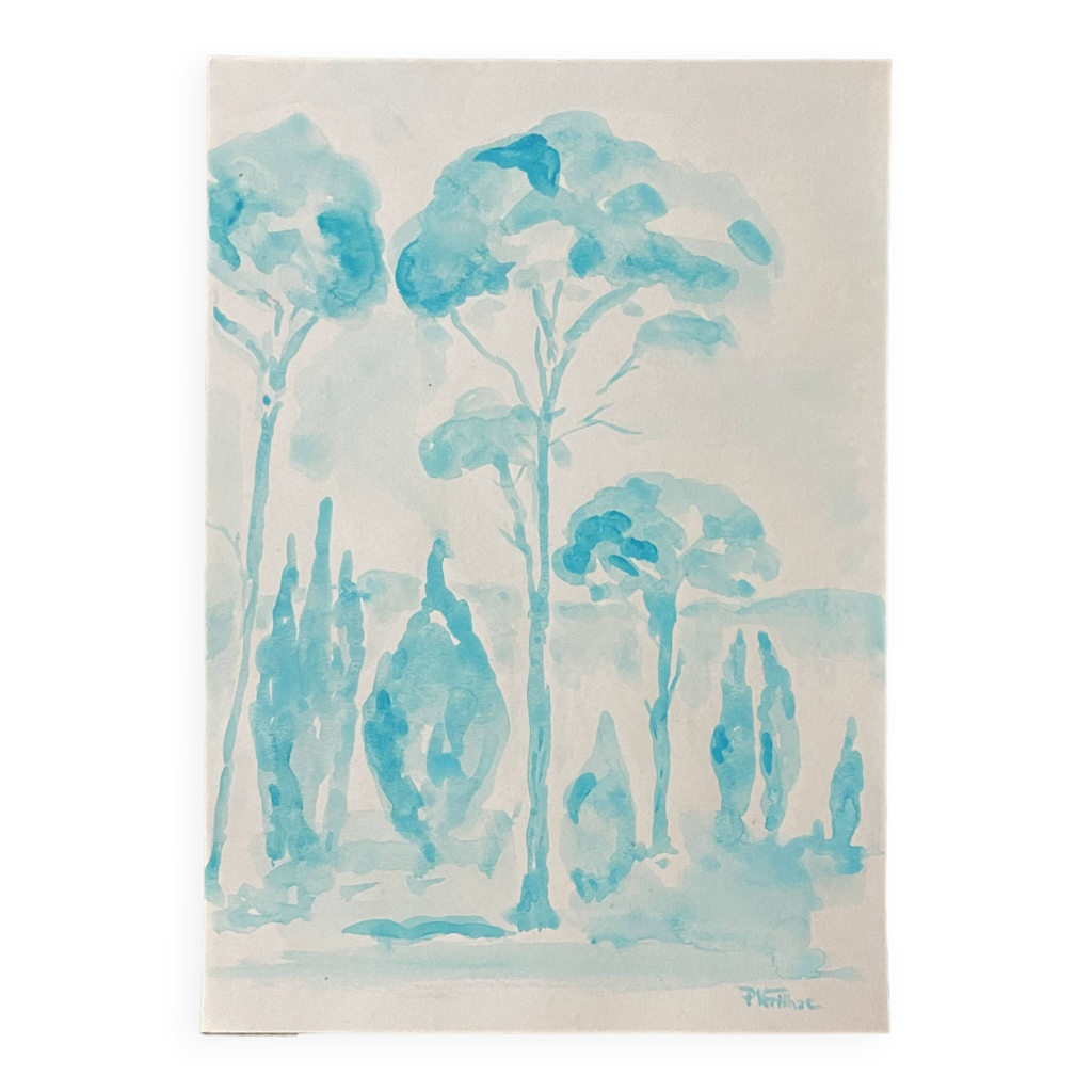 Tableau signé aquarelle monochrome bleue « Pins parasols sur le Mont ...