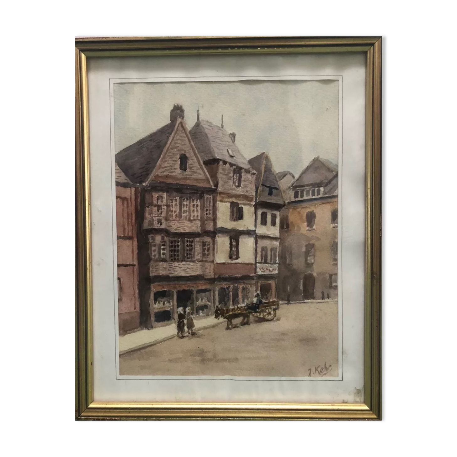 Tableau peinture Bretonne, aquarelle Lannion, Signé Kehr | Selency