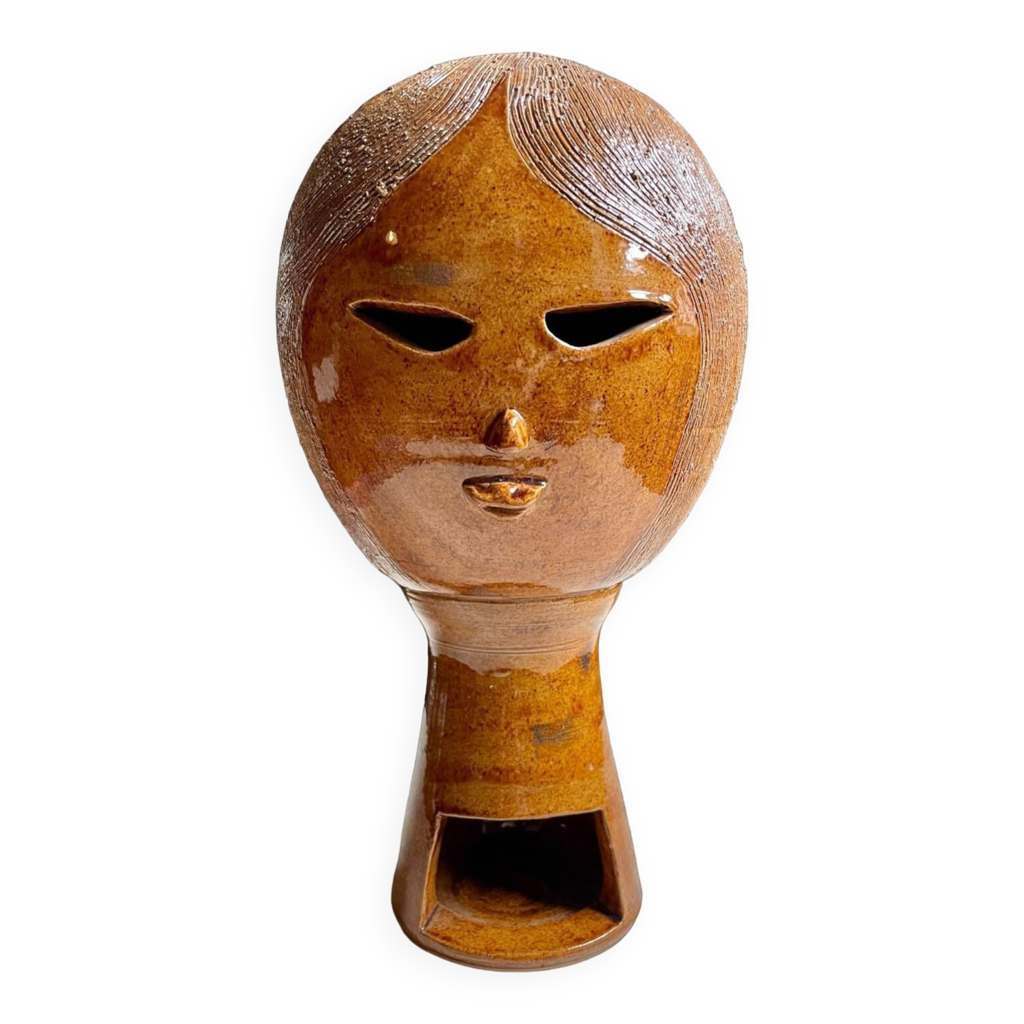 Grand photophore en terre cuite émaillée à visage de femme | Selency