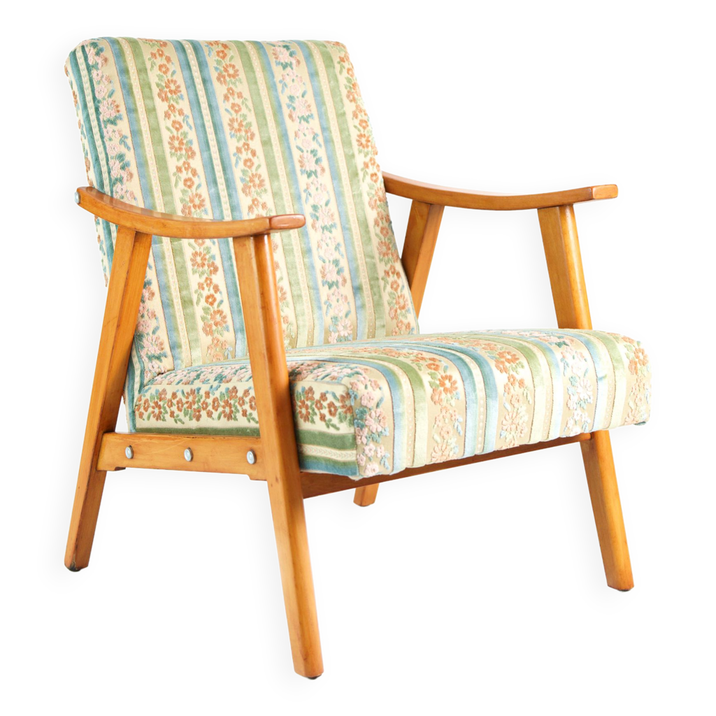 Fauteuil vintage à rayures motif fleur, tissu velours CASAL, bois ...