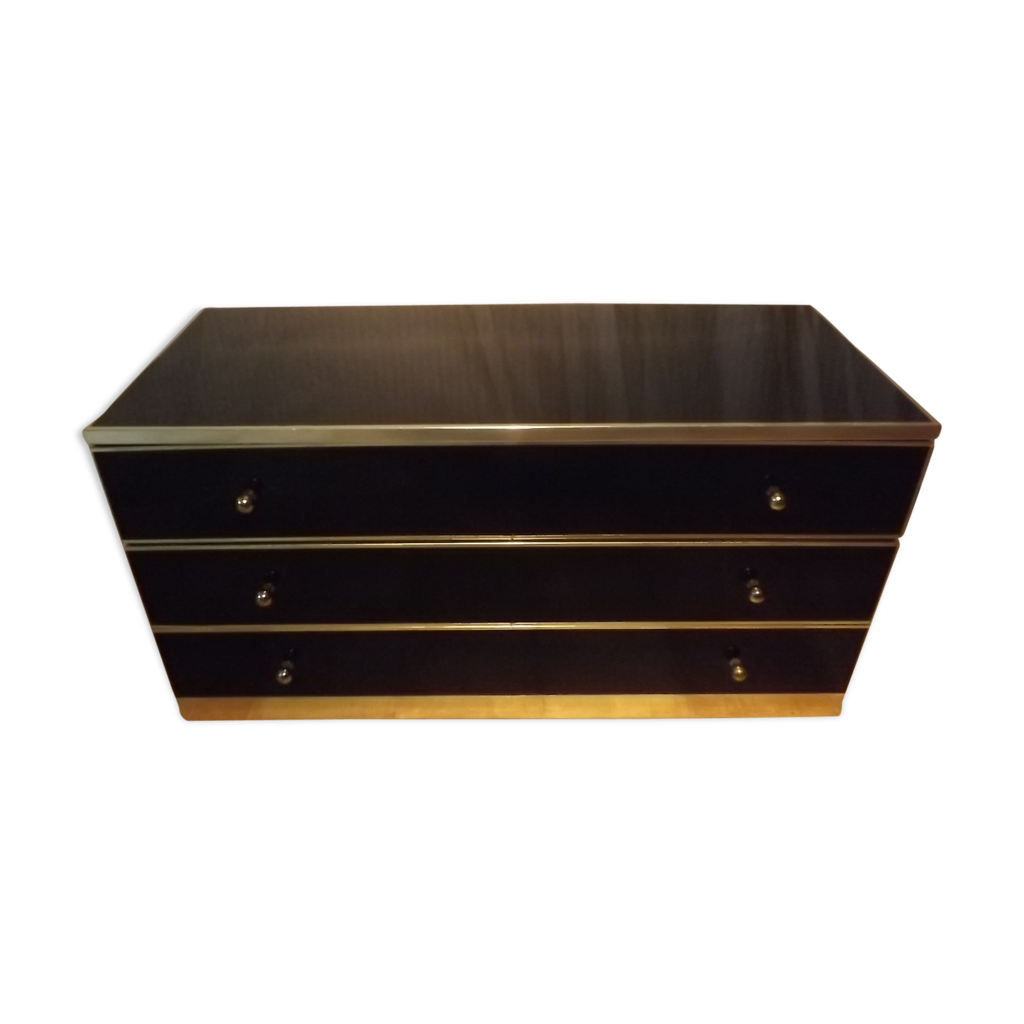 Commode laqué noir métal doré laiton 1970 vintage | Selency