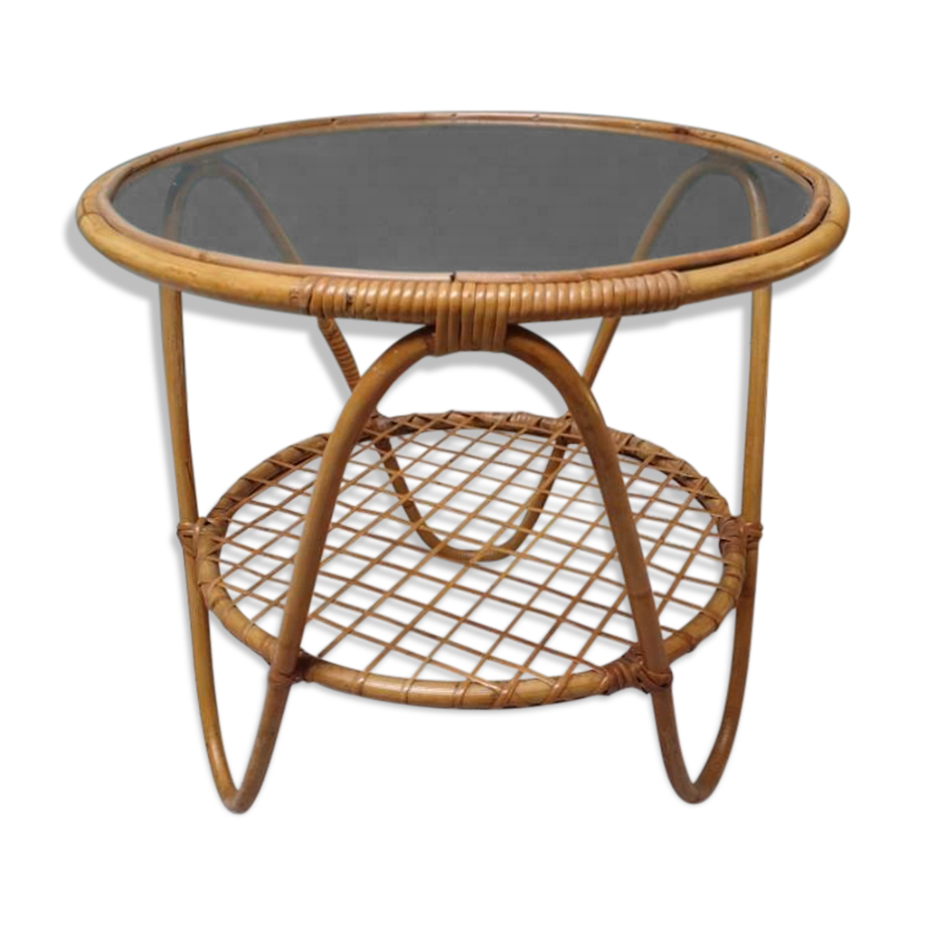 Table d’appoint en rotin avec dessus en verre | Selency