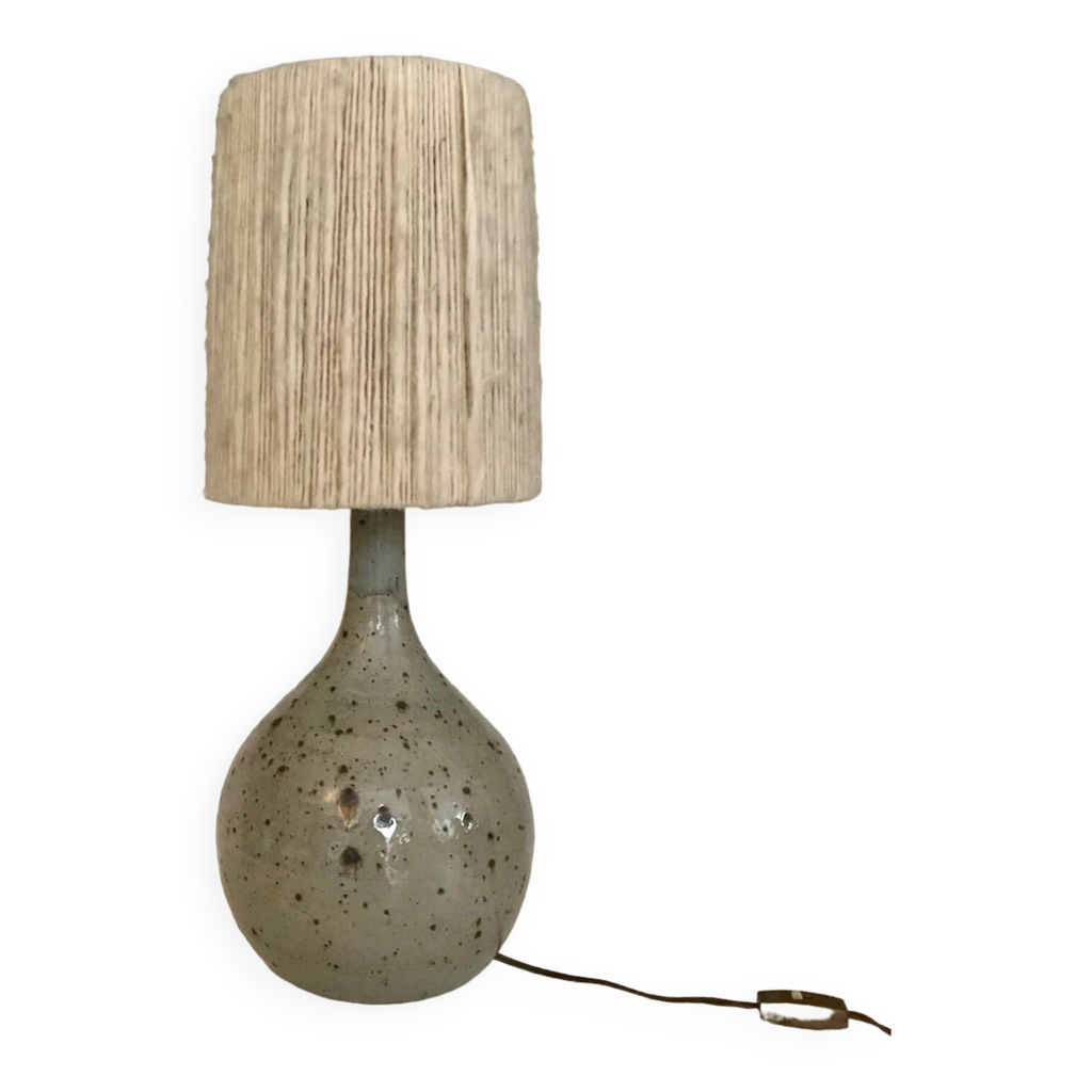 Grande lampe grès pyrité abat jour en laine des années 70 | Selency