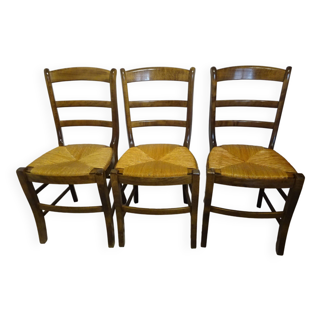 3 wooden and straw chairs, Baumann | Selency