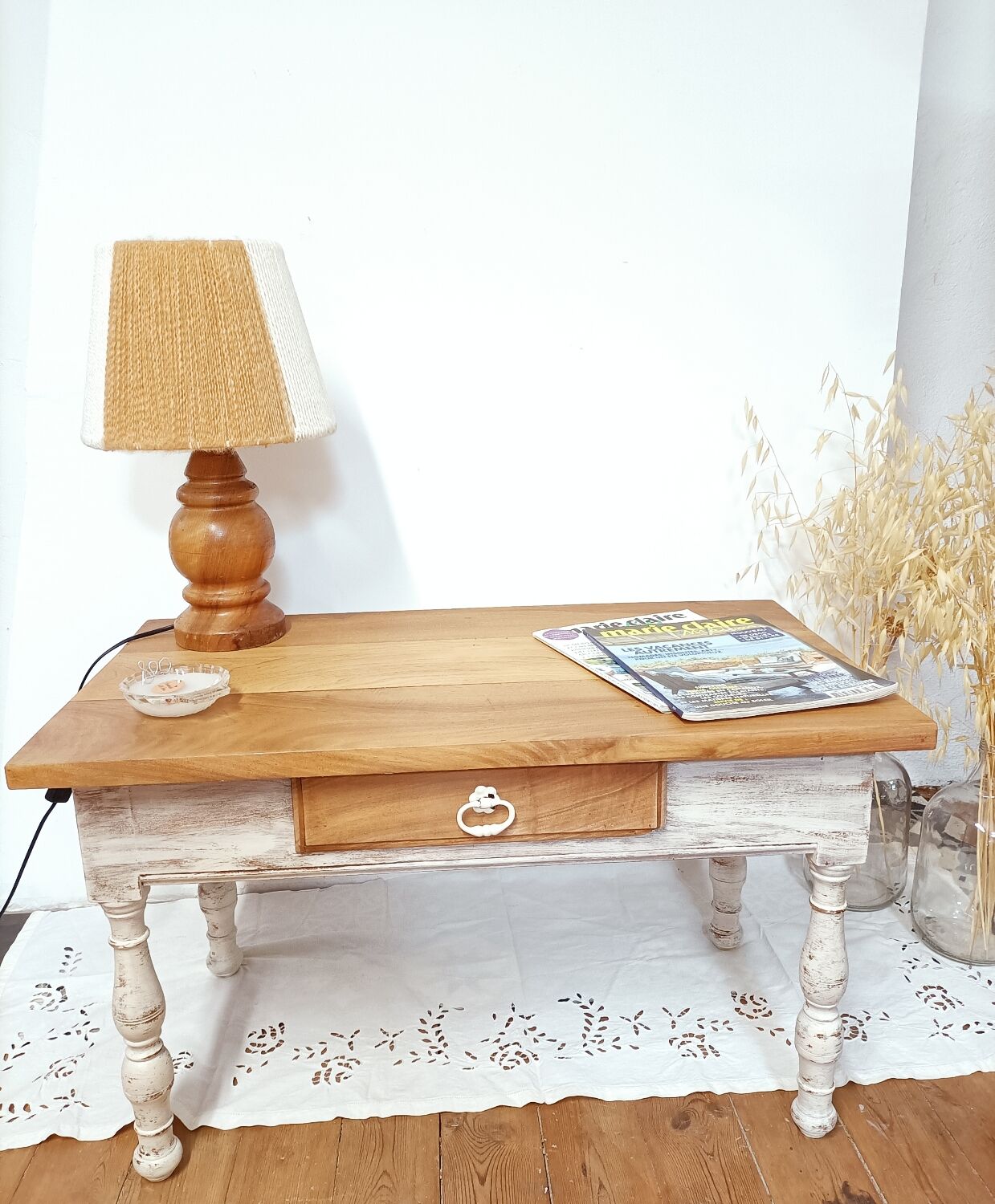 Table basse en chêne rénovée cérusée | Selency