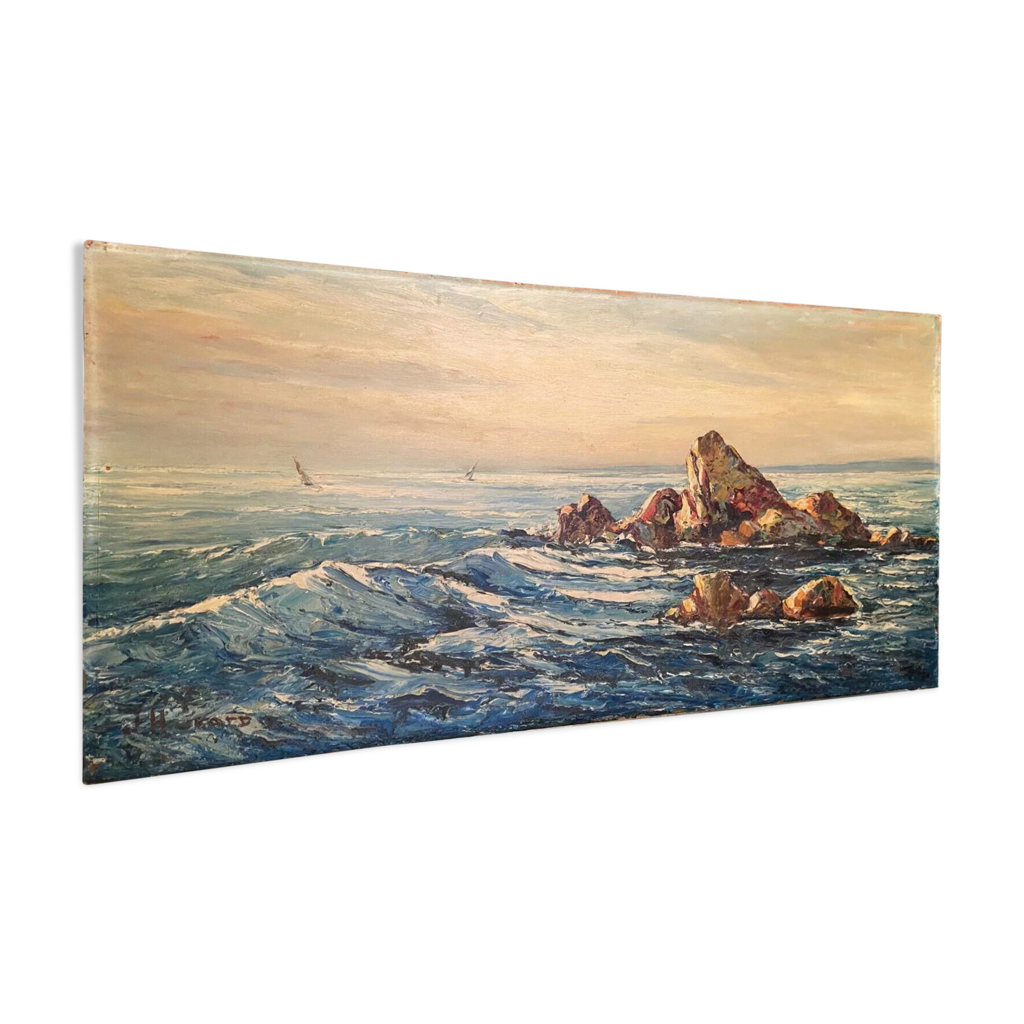Tableau huile sur panneau Marine Vagues du soir Joseph Hurard 1887-1956 | Selency