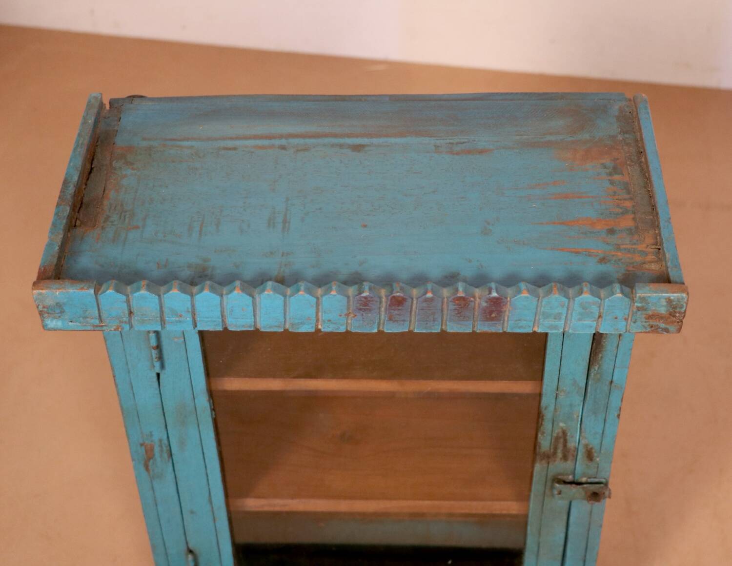 Art Deco wall display case in Burmese teak with original blue patina ...