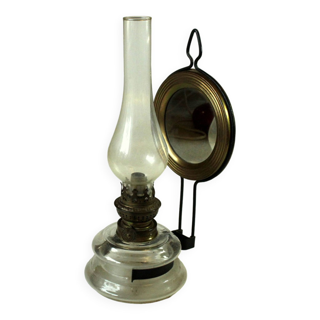Lampe à huile antique des années 1900 avec miroir, en verre et métal ...