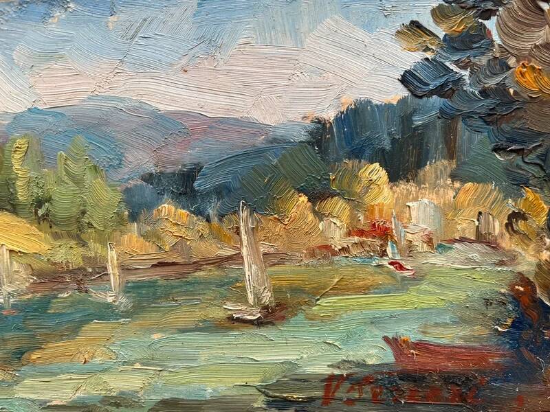 Tableau vintage paysage marin bateaux peinture signée Victor Ferrerri ...