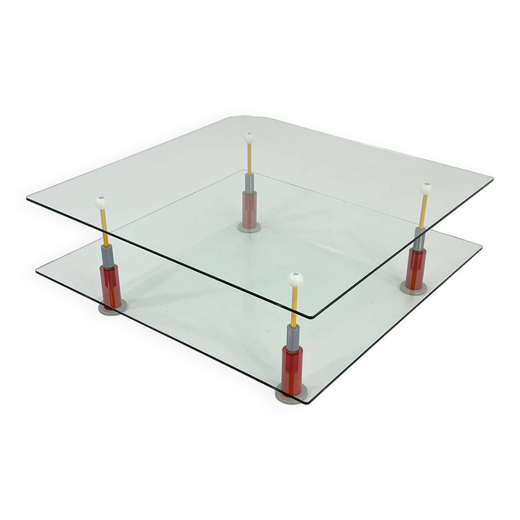 Postmodern glass coffee table with floating pane, 1980s | Selency
