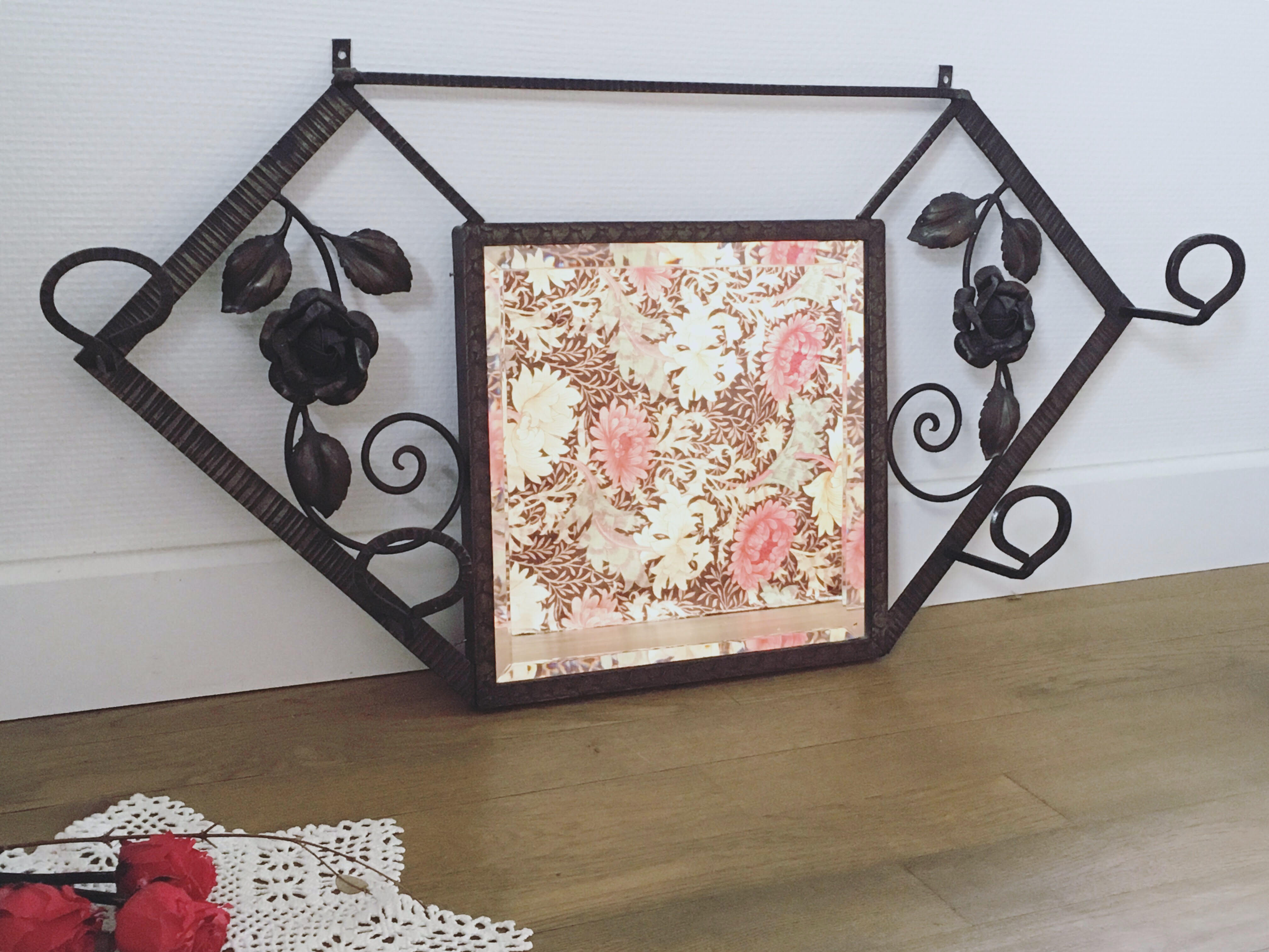 Porte manteau mural fer forgé miroir biseauté art déco | Selency