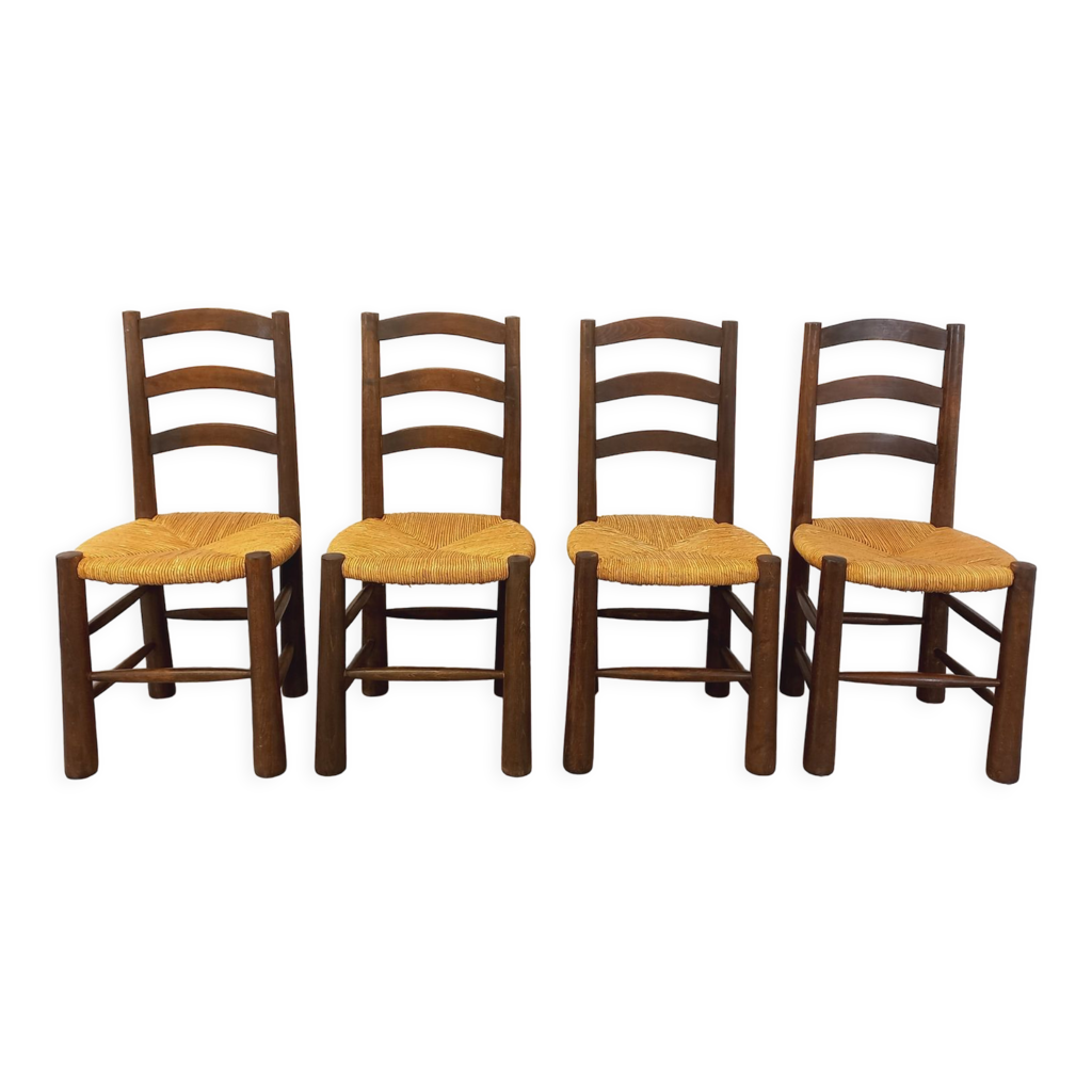Suite de 4 chaises brutalistes vintage Georges Robert en bois et paille ...