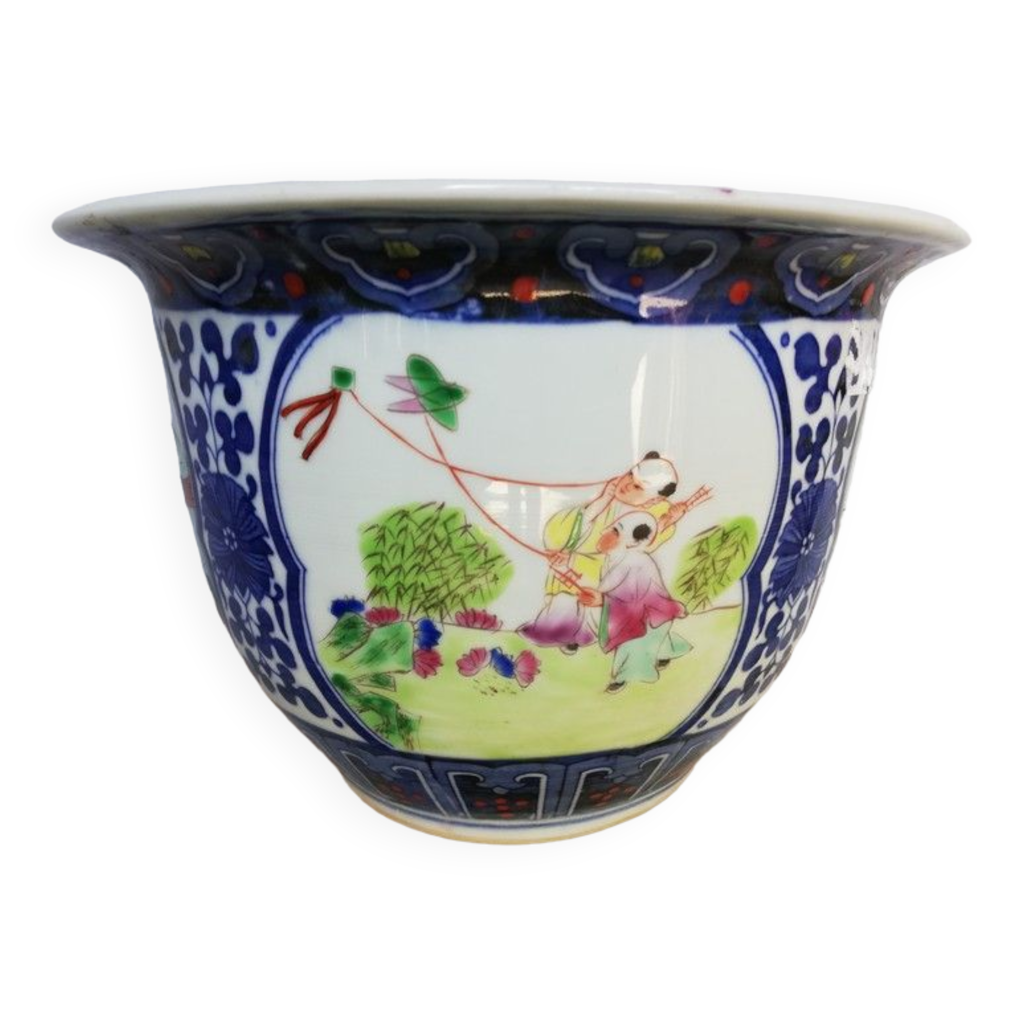 Cache pot - chinese porcelain 4 cartouches animé | Selency