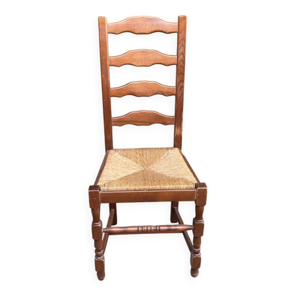 Chaise bois massif et paille dossier haute type ferme | Selency