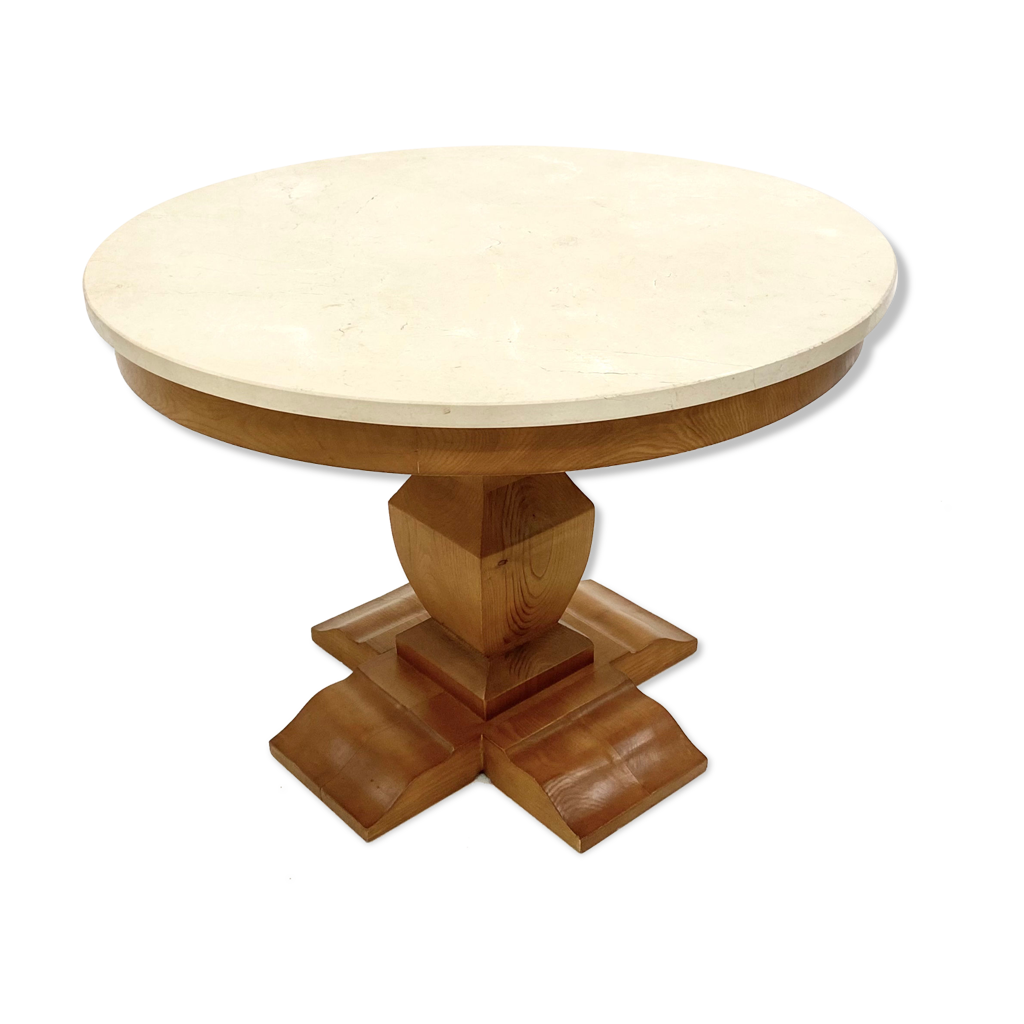 Table à manger ronde en travertin et chêne | Selency