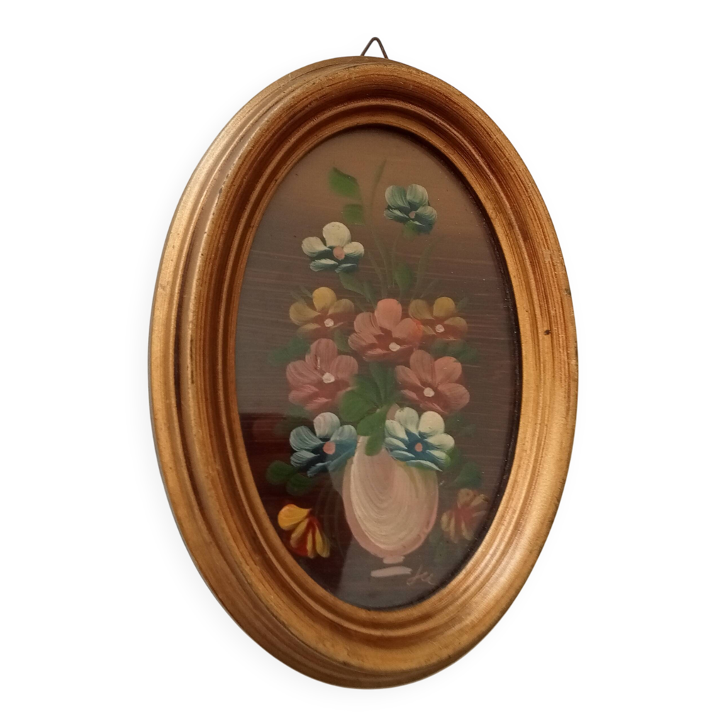 Tableau miniature vintage peinture à l'huile sous verre | Selency