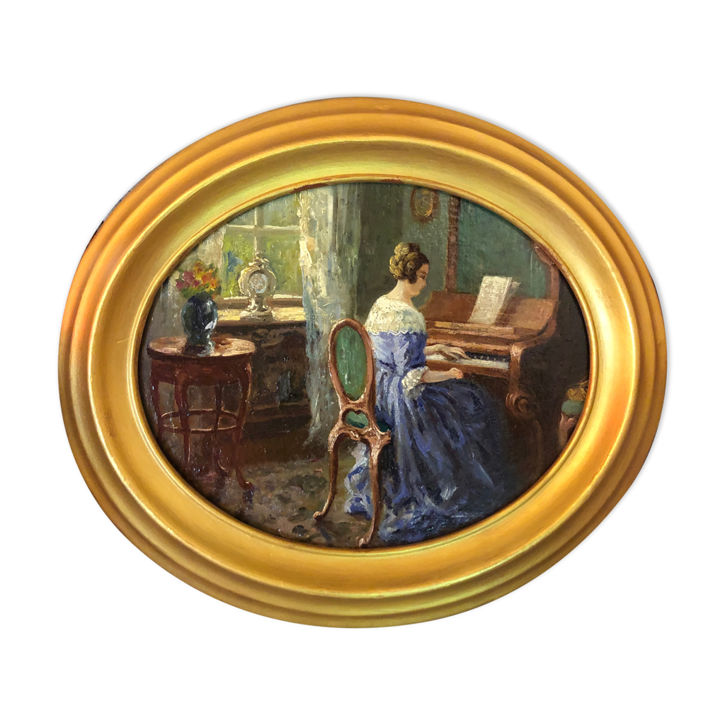 Peinture du 19e siècle portrait d'une pianiste dans son médaillon doré ...