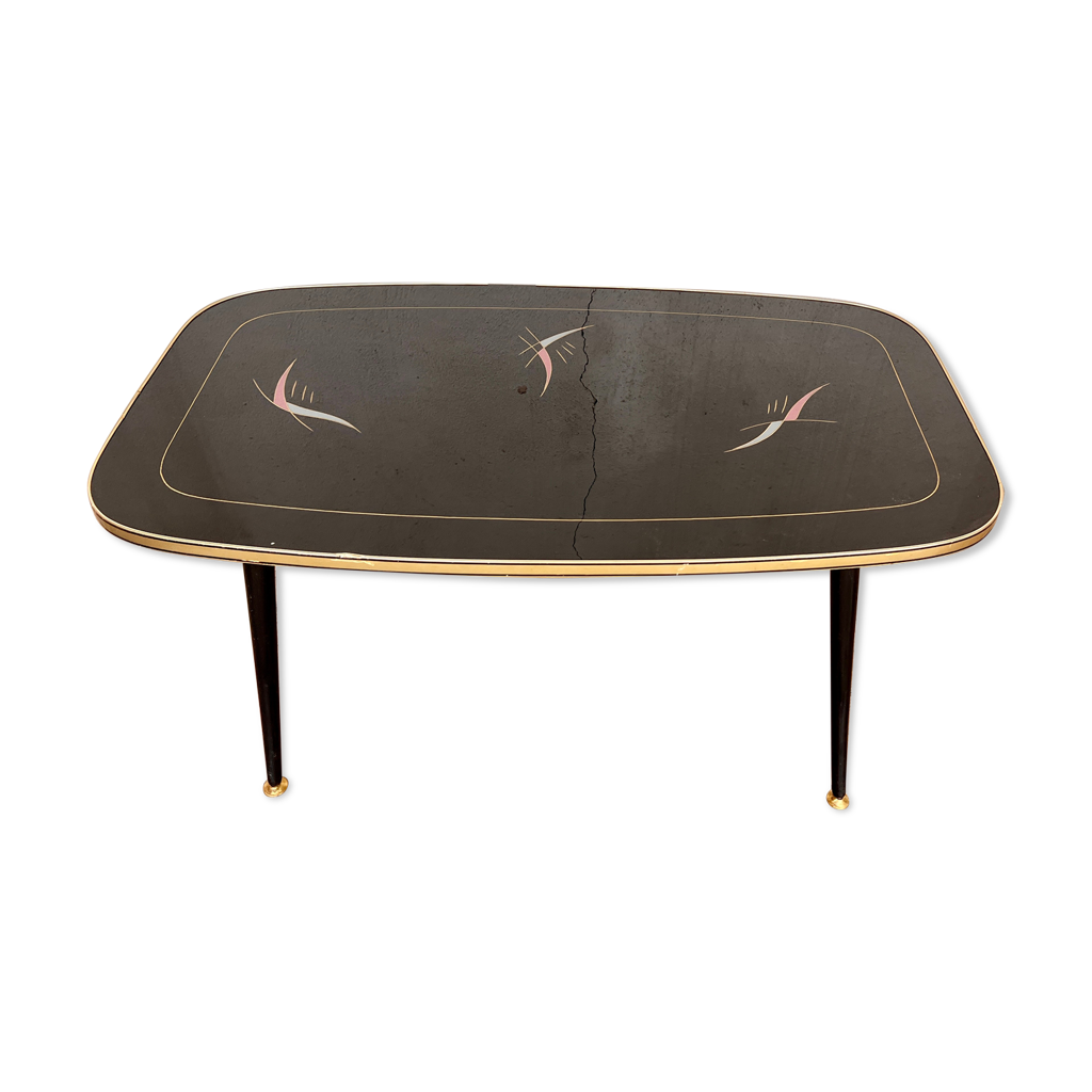 Table basse forme libre peinture sous verre pieds compas 1950 | Selency