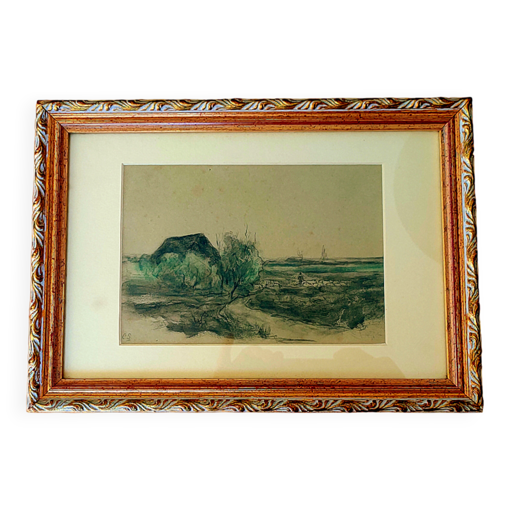 Tableau monogrammé C.S. – Fusain rehaussé à l’aquarelle – Berger aux abords de sa ferme | Selency