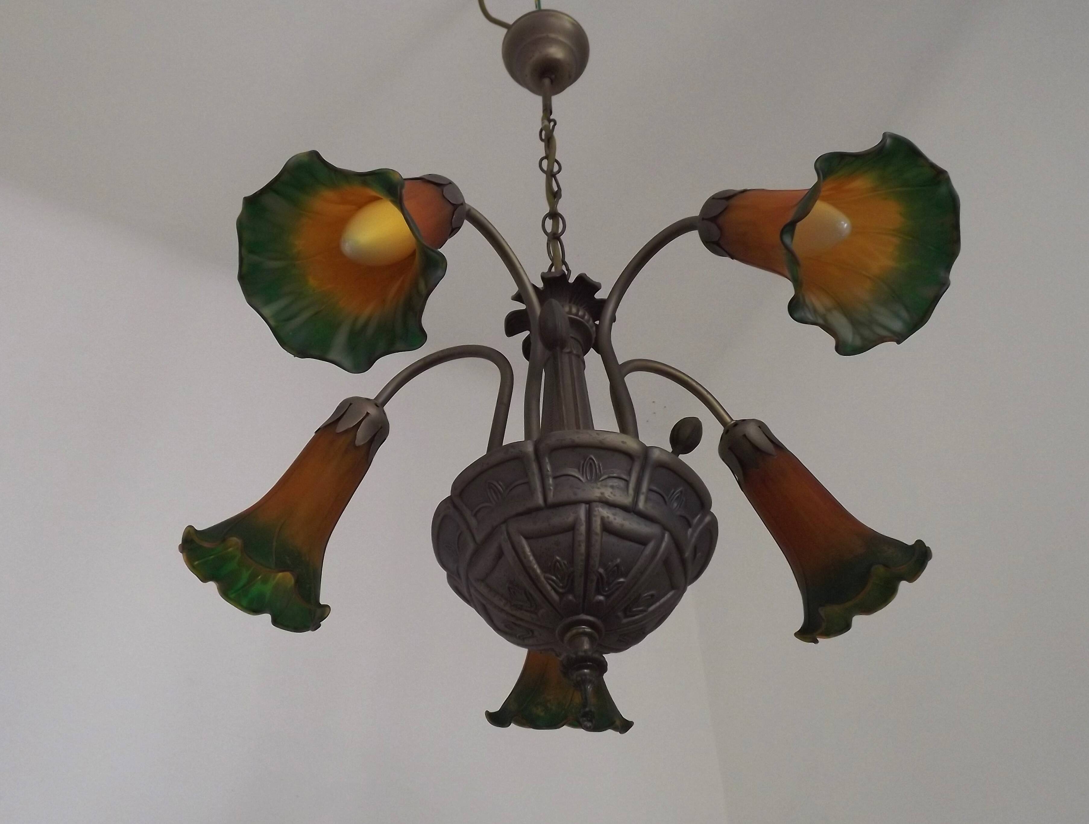 French Art Nouveau Style Lily Bud Candlestick Orange & Green Glass ...