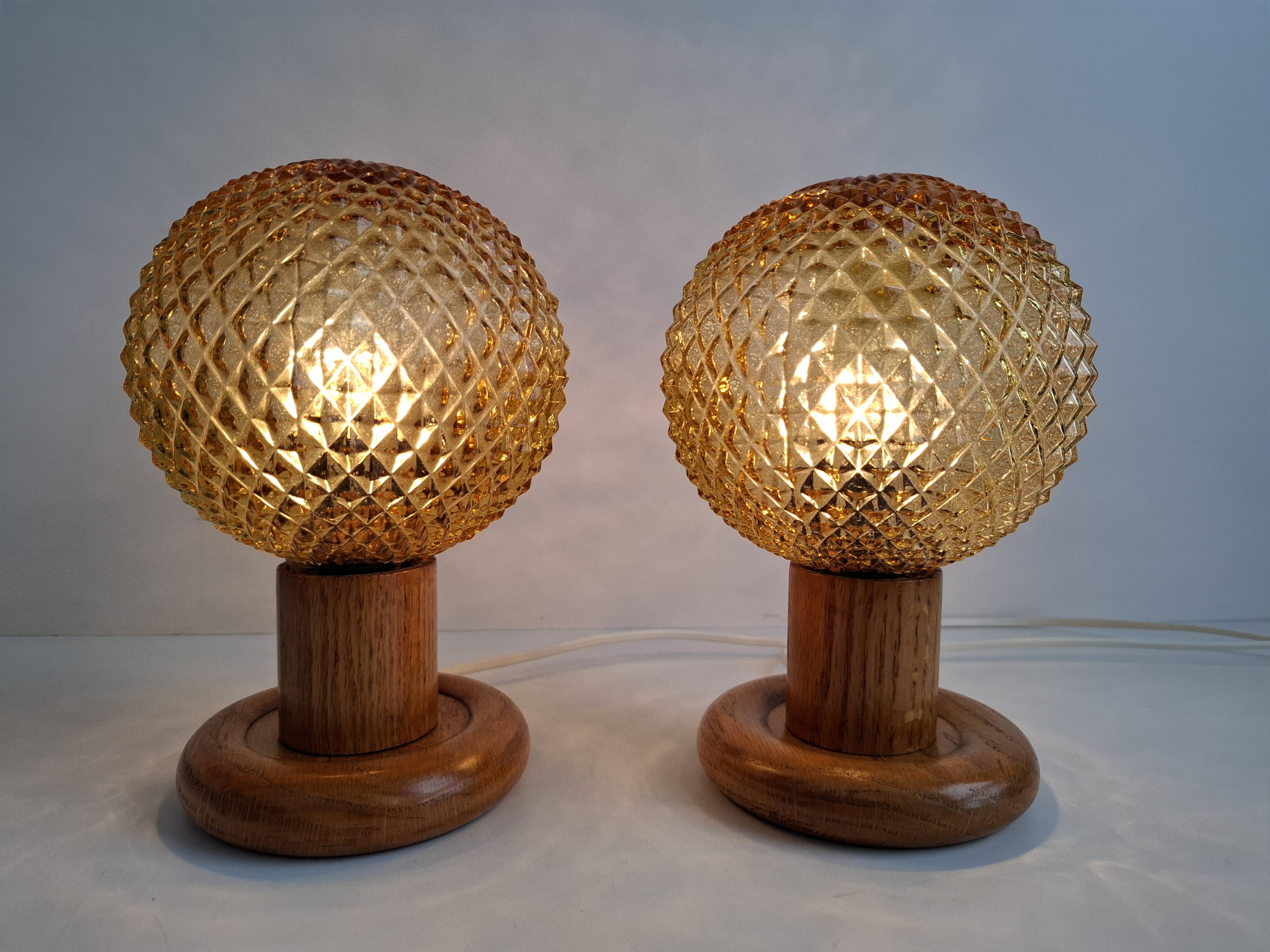 Pair of Mid-Century Table Lamps with Amber Glass and Wood Base | Selency
