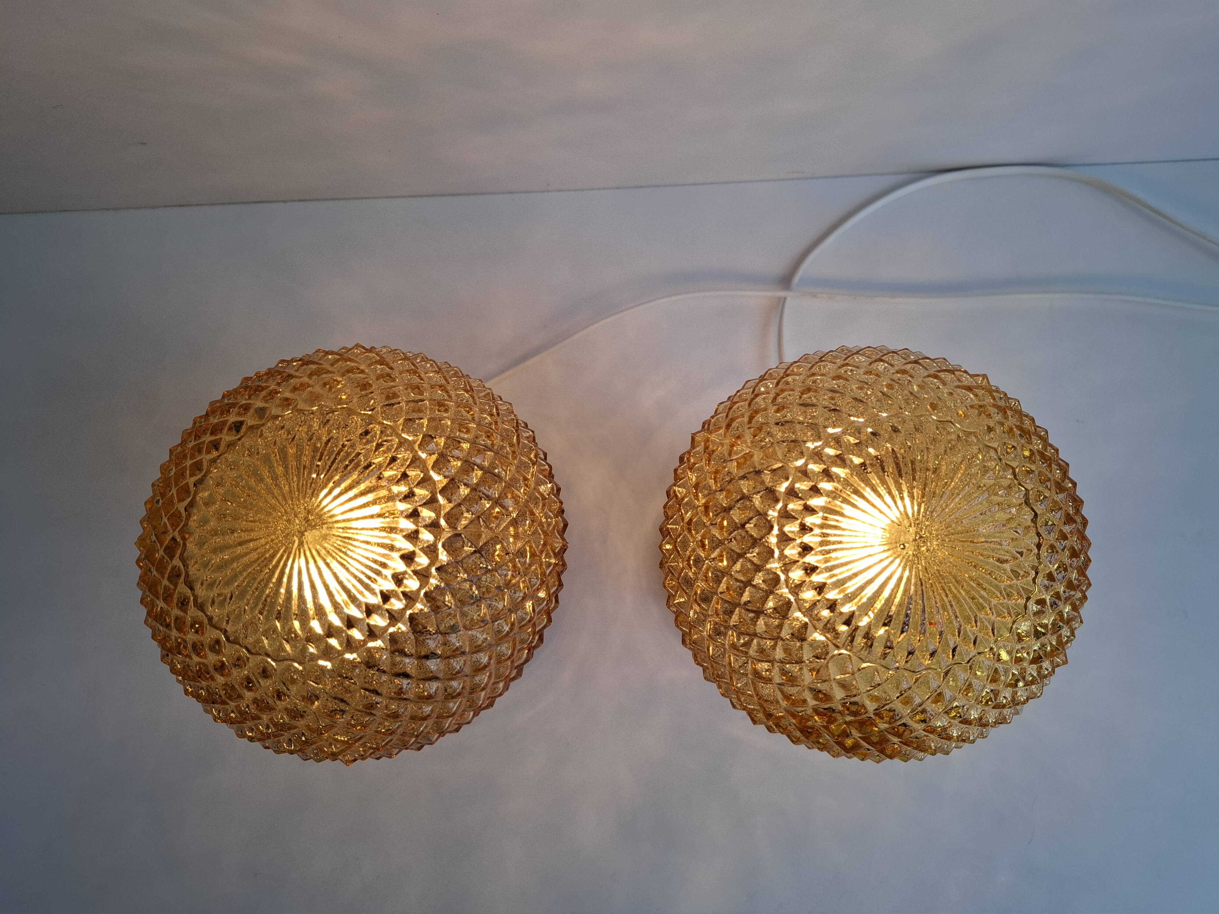 Pair of Mid-Century Table Lamps with Amber Glass and Wood Base | Selency