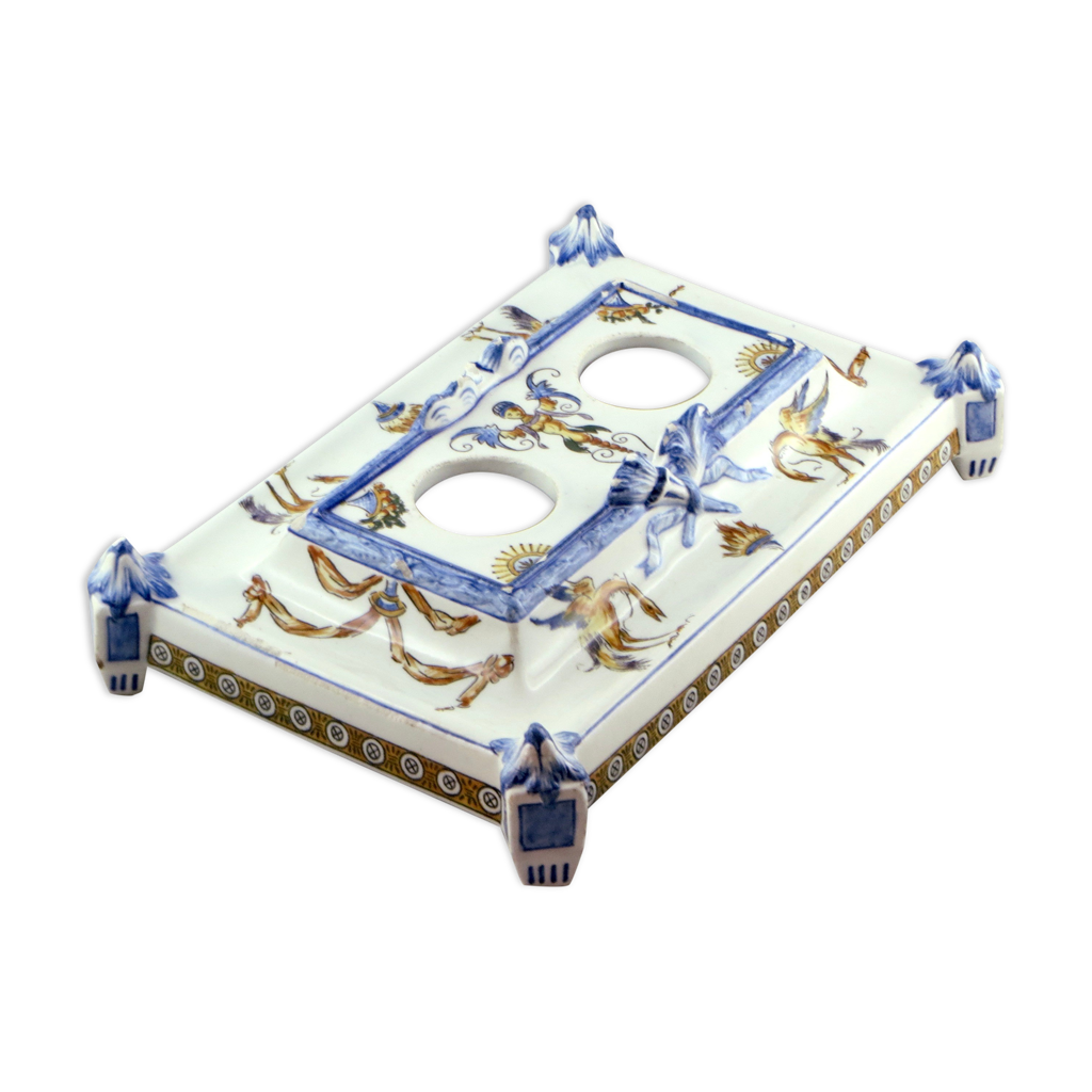 Encrier ancien faïence de gien, mod. renaissance french ceramic inkwell ...