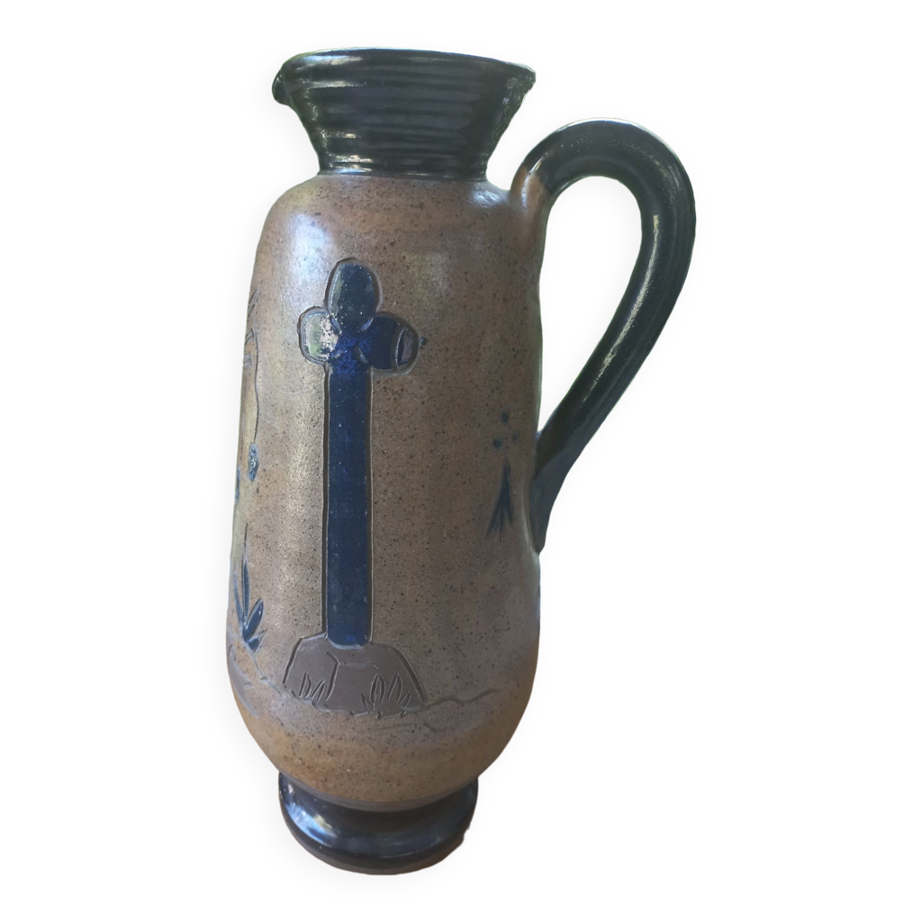 Pichet breton ancien en grès vernissé signé Breizh um 6 . | Selency