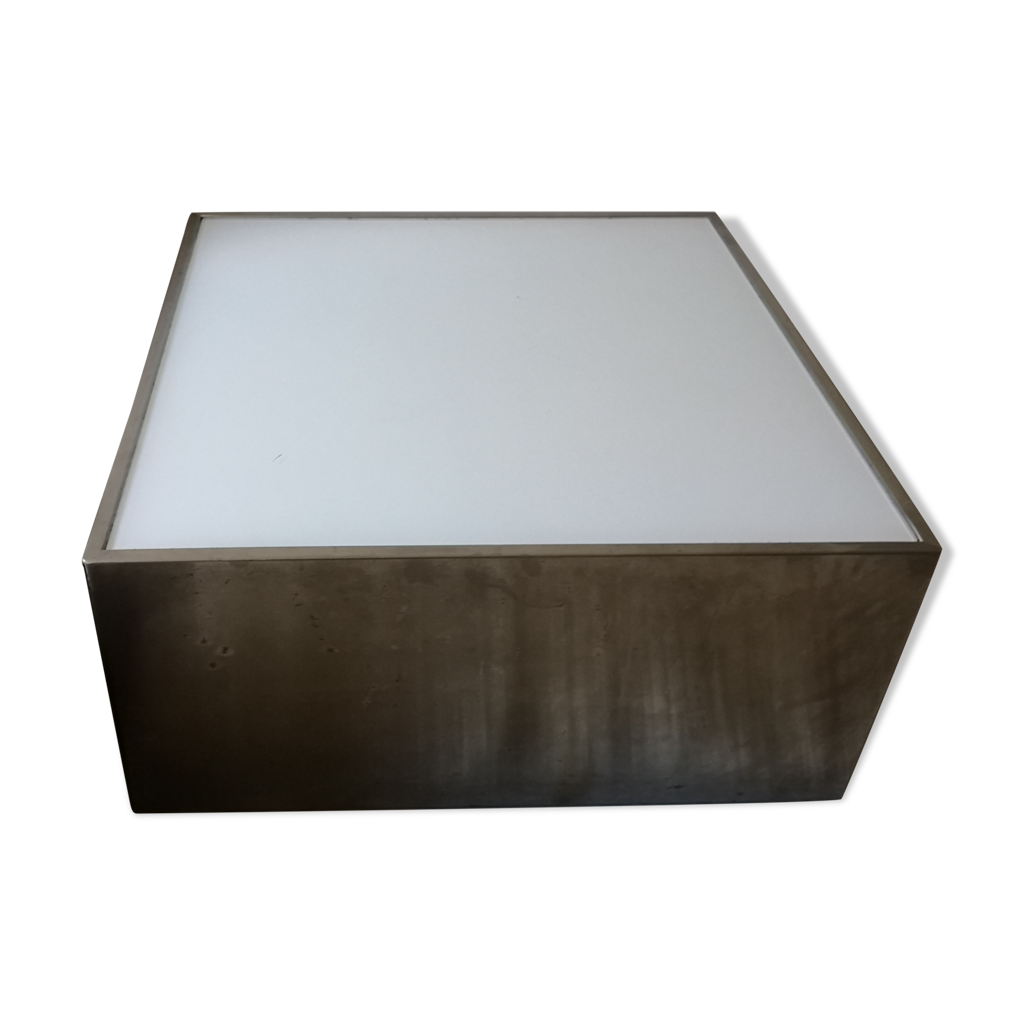 Table basse bloc carrée verre blanc et métal cube design 1970 | Selency