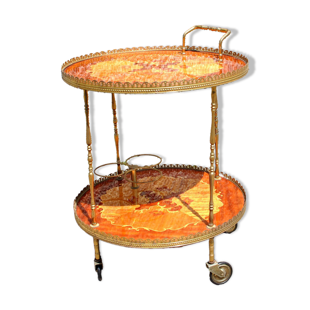 Desserte, bar à roulette vintage en marqueterie et métal doré | Selency