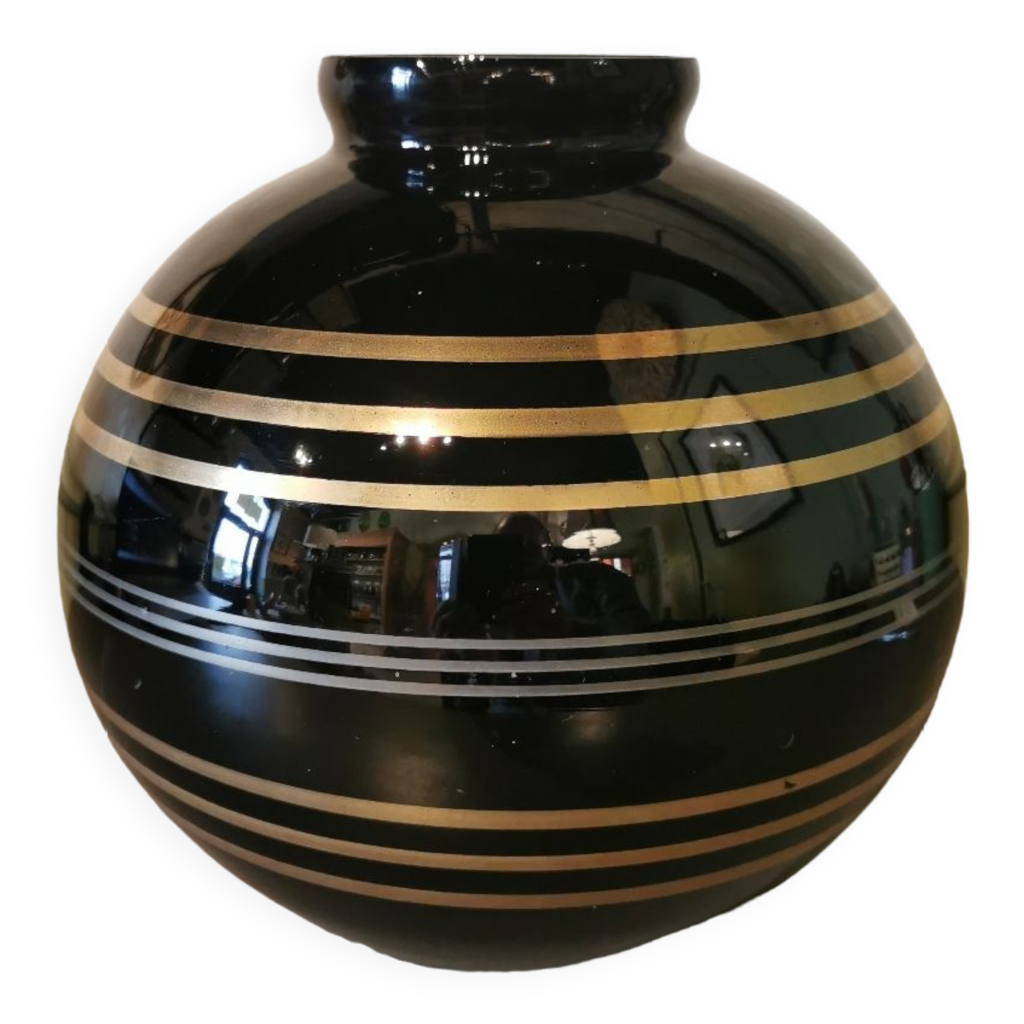 Vase boule art déco en verre noir | Selency