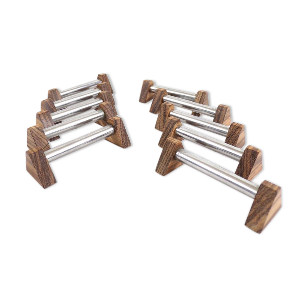Lot de 10 repose-couteaux ou porte-couteaux teck et métal chromé style ...