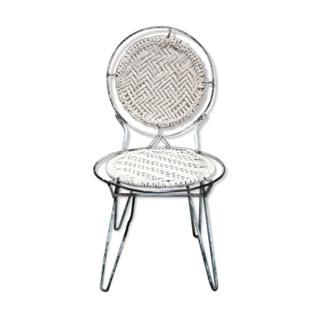 Chaise ronde blanche metal et jute annees 50-60 39x39x74cm assise 35cm ...