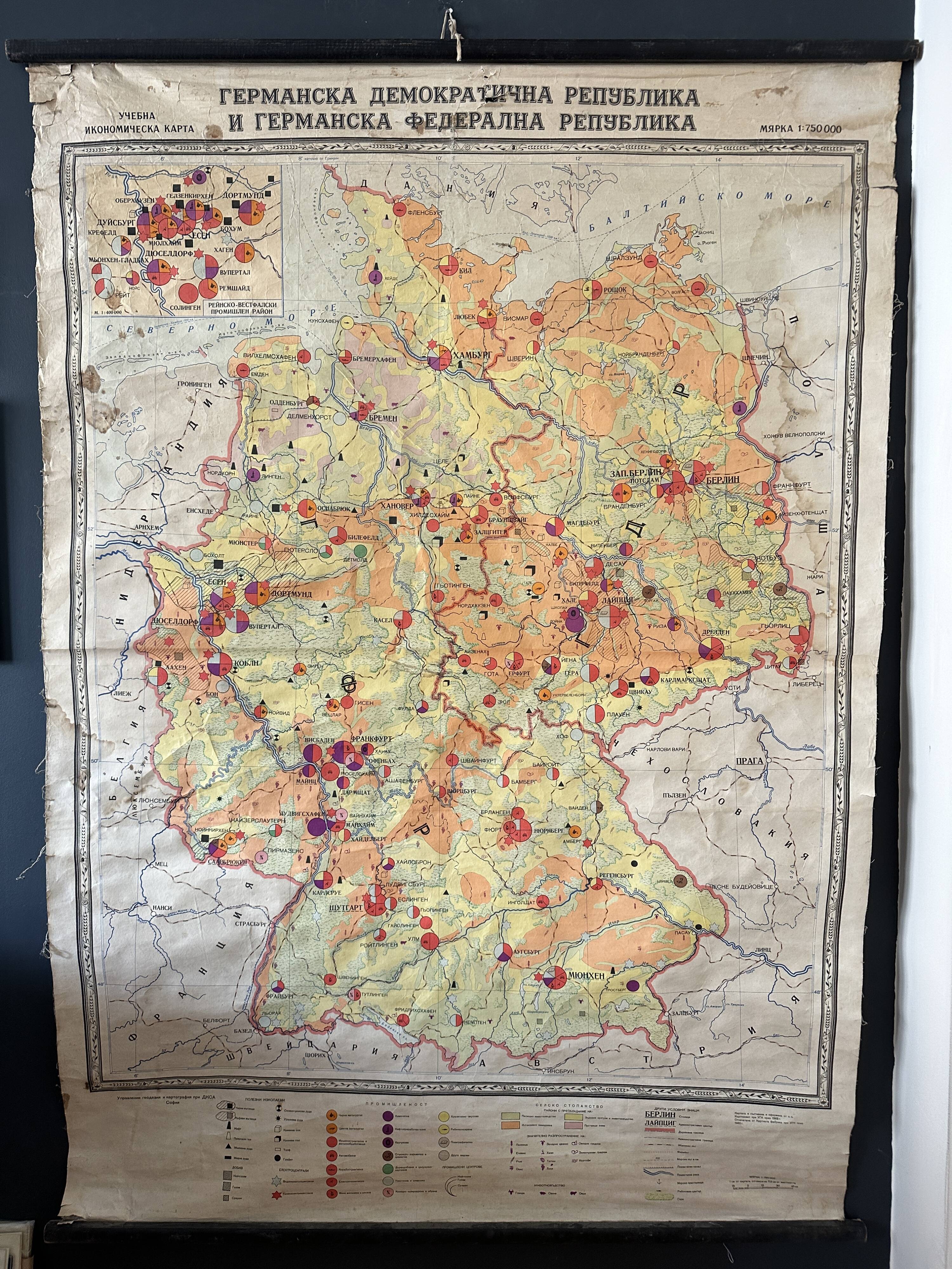 Cold war map of ddr east germany and west germany map 1963 linen school ...